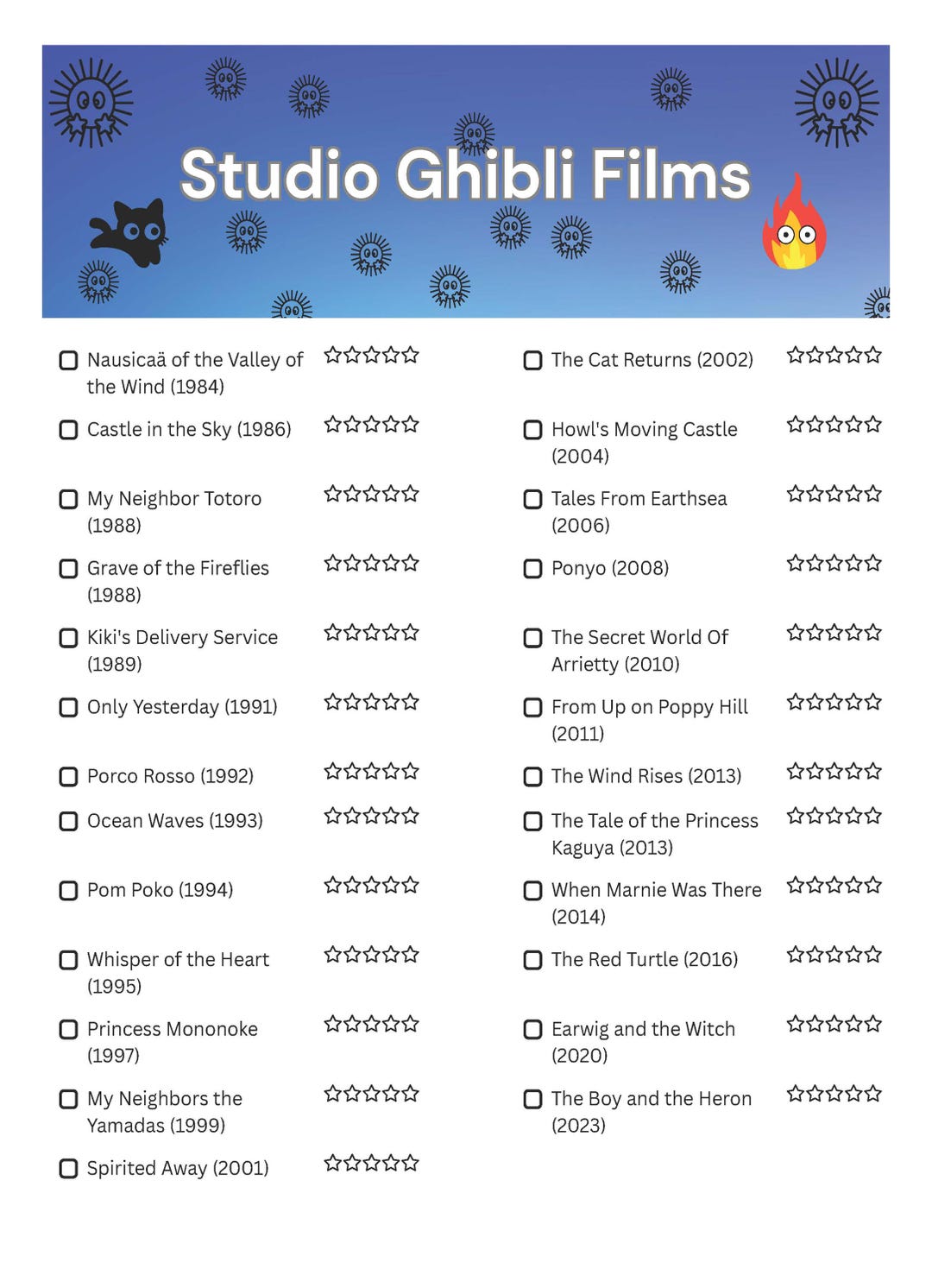 Studio Ghibli Movie Night Checklist Film Tracker Updated 2025 Movies Tracker Printable Pages ...