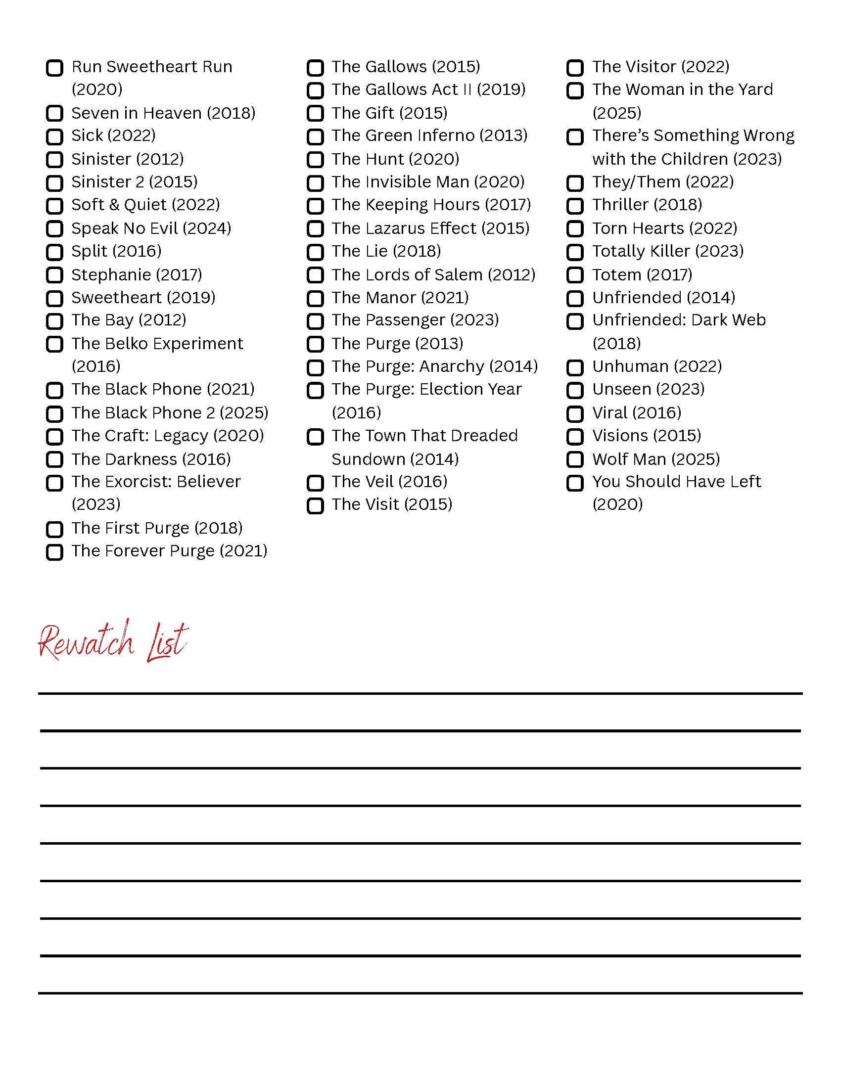 Blumhouse Horror Movie Night Checklist Film Tracker Updated 2025 Movies ...