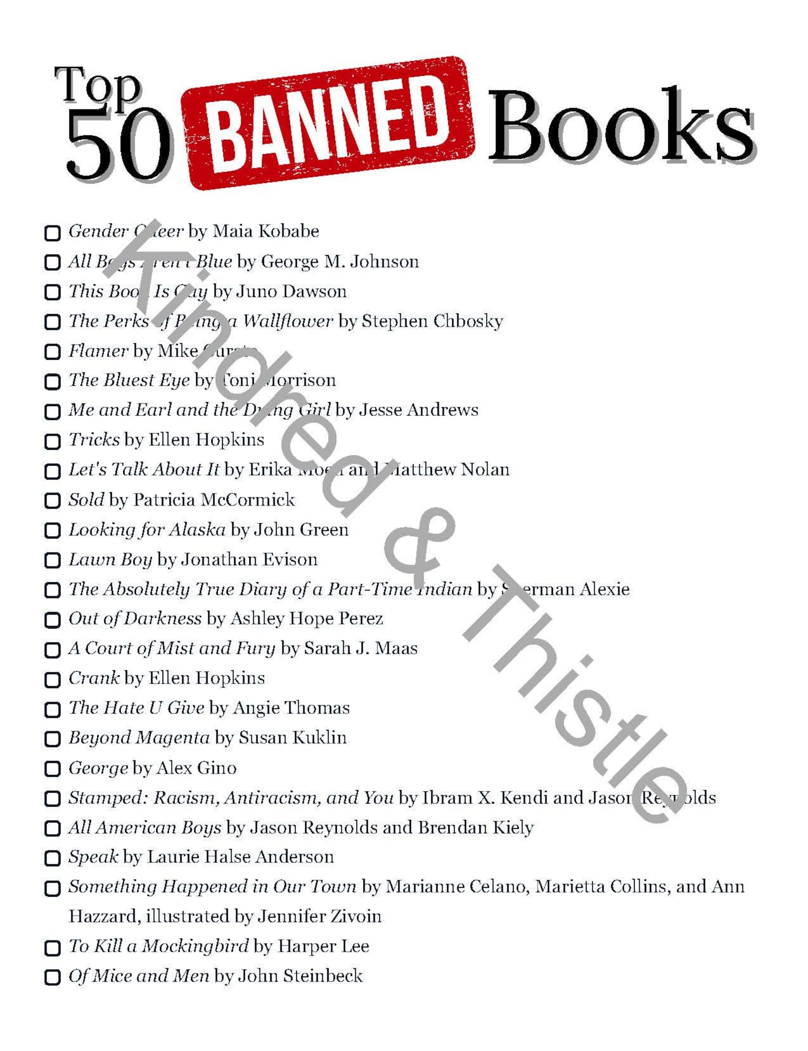 Banned Books Reading Checklist Book Tracker Novels 2026 Bookshelf ...