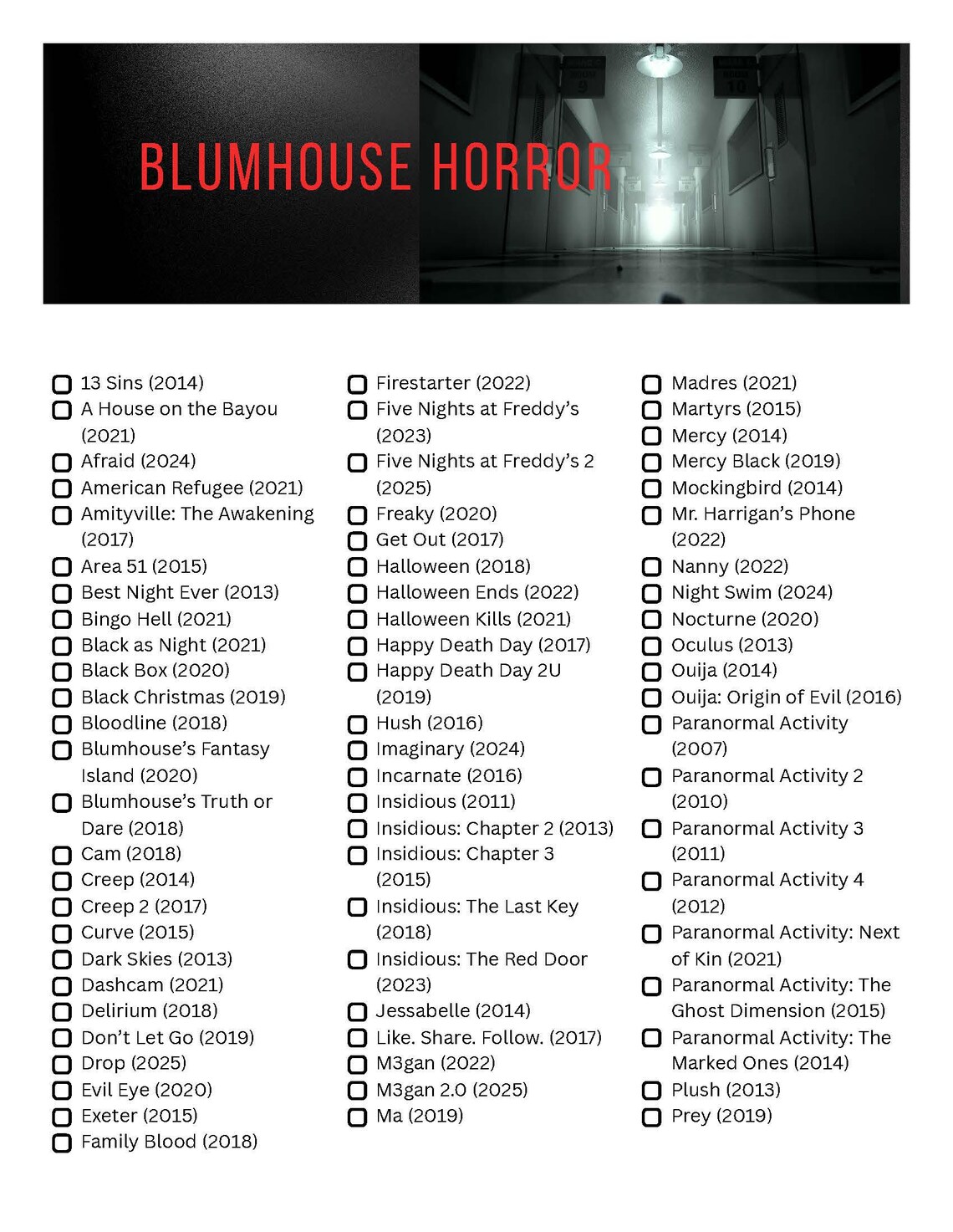 Blumhouse Horror Movie Night Checklist Film Tracker Updated 2025 Movies ...