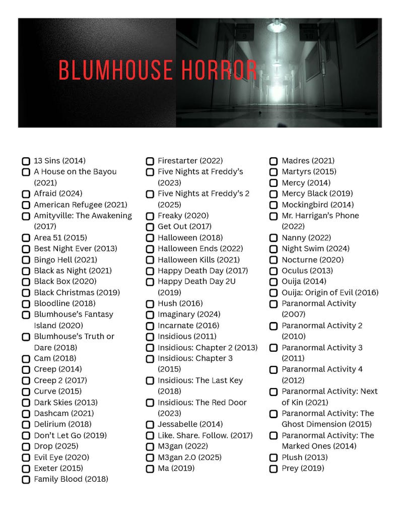 Blumhouse Horror Movie Night Checklist Film Tracker Updated 2025 Movies ...