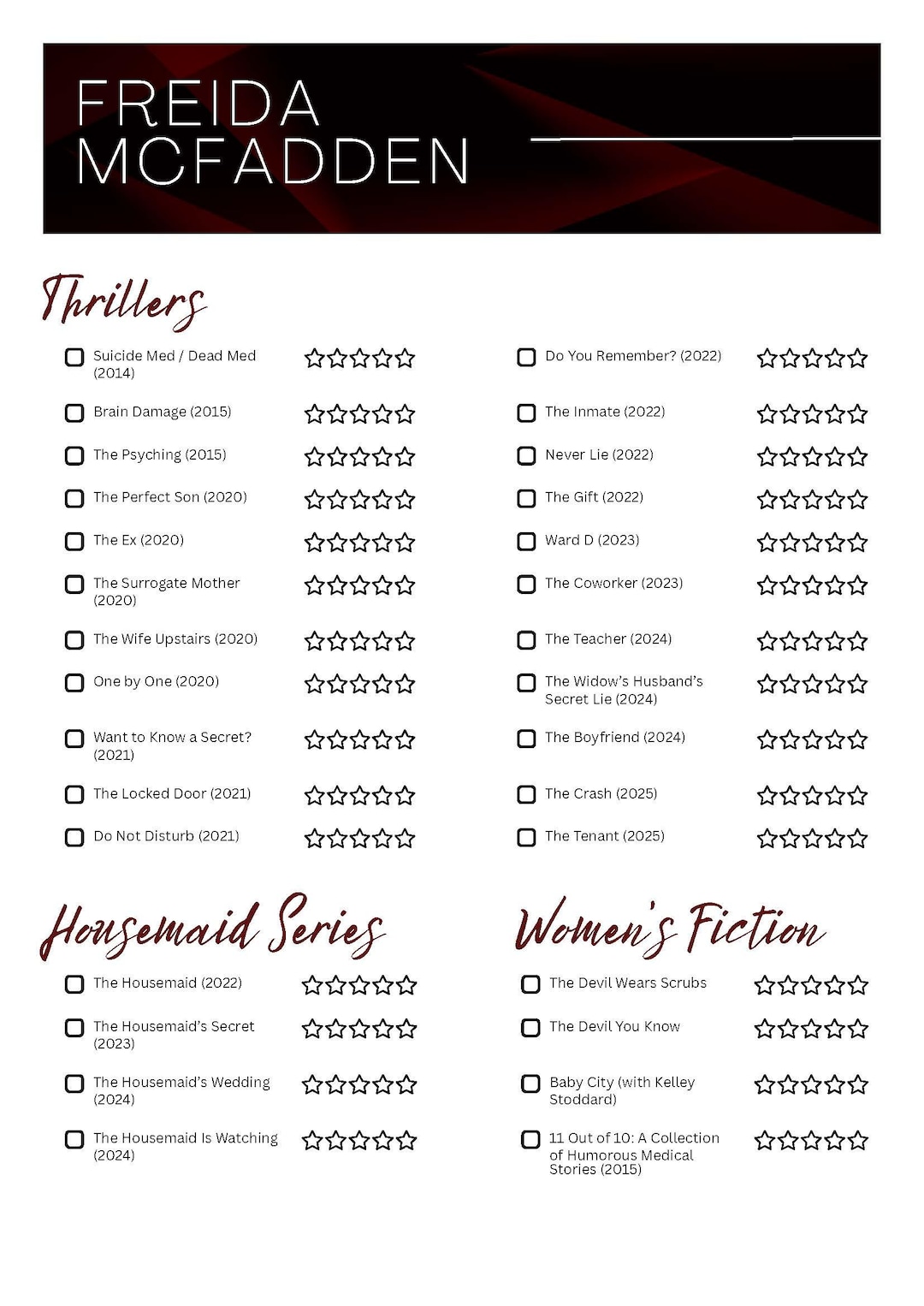 Freida Mcfadden Reading Checklist Book Tracker Novels 2025 Bookshelf ...