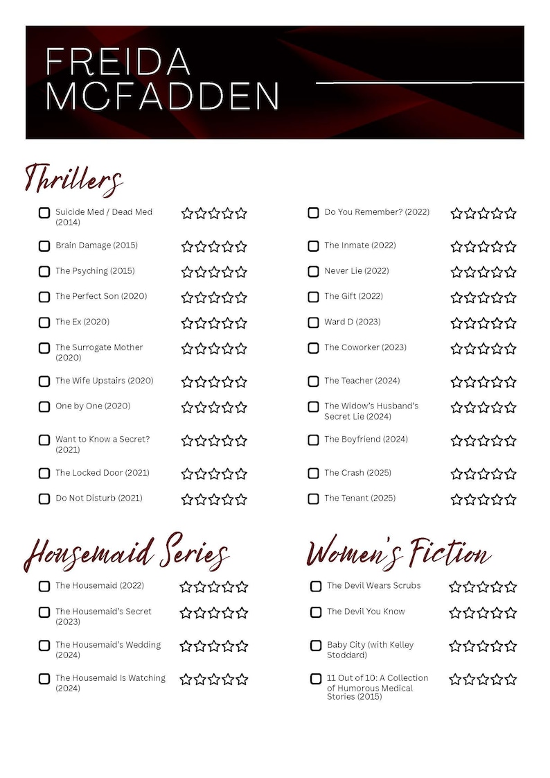 Freida Mcfadden Reading Checklist Book Tracker Novels 2025 Bookshelf ...