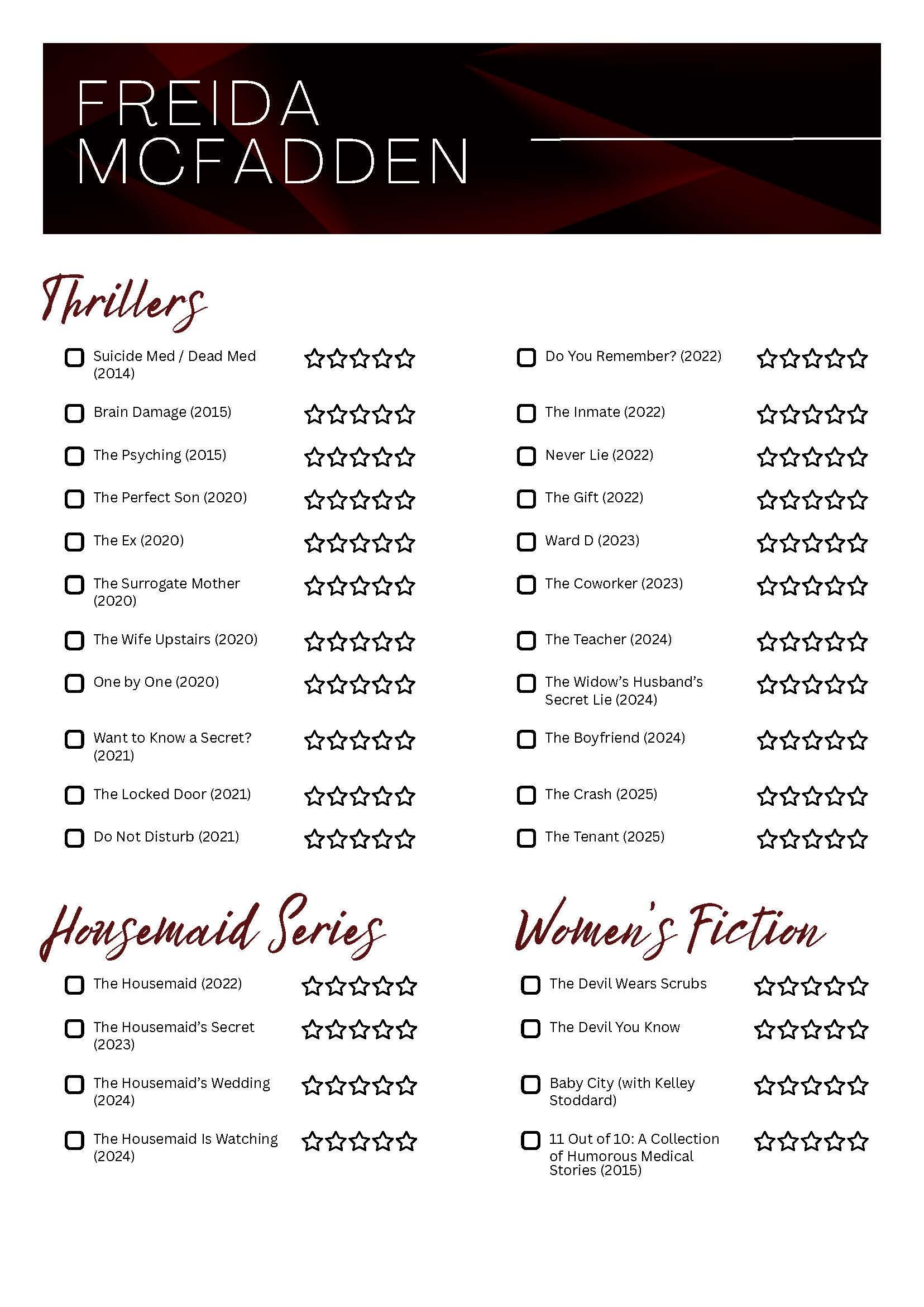 Freida Mcfadden Reading Checklist Book Tracker Novels 2025 Bookshelf ...
