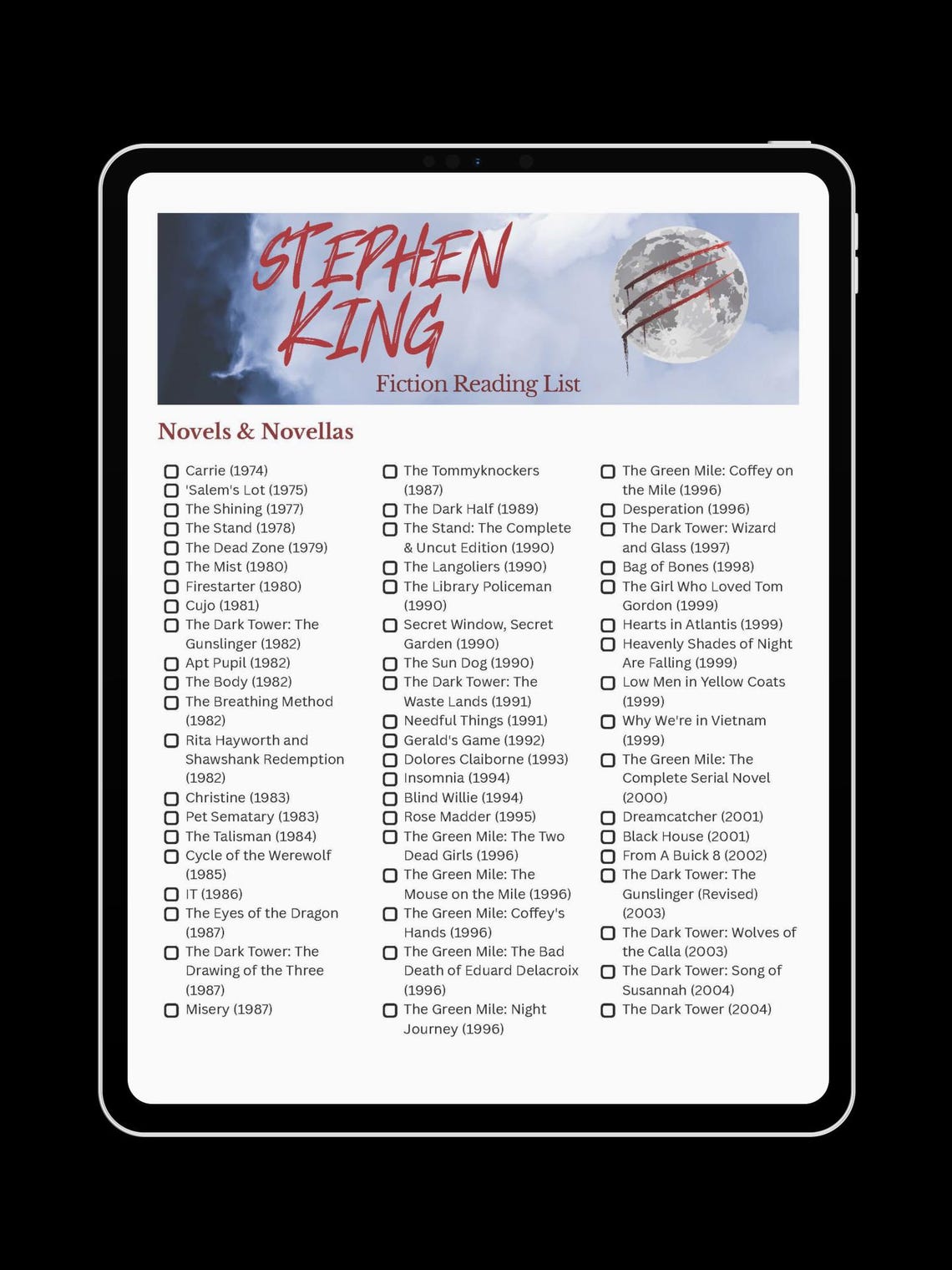 Stephen King Reading Checklist Book Tracker Fiction 2026 Bookshelf ...