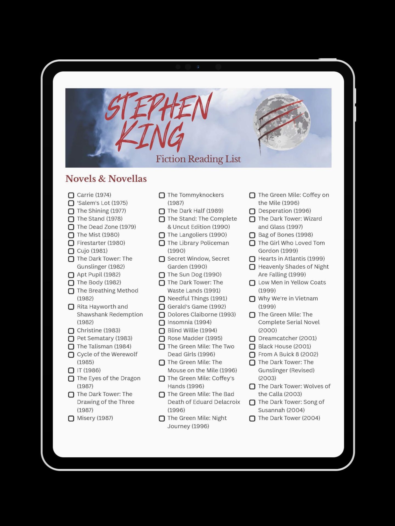 Stephen King Reading Checklist Book Tracker Fiction 2026 Bookshelf ...