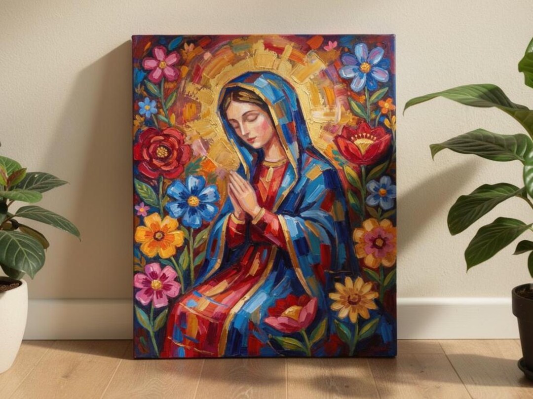 Blessed Virgin Mary Floral Oil Painting Print – Christian Wall Art ...