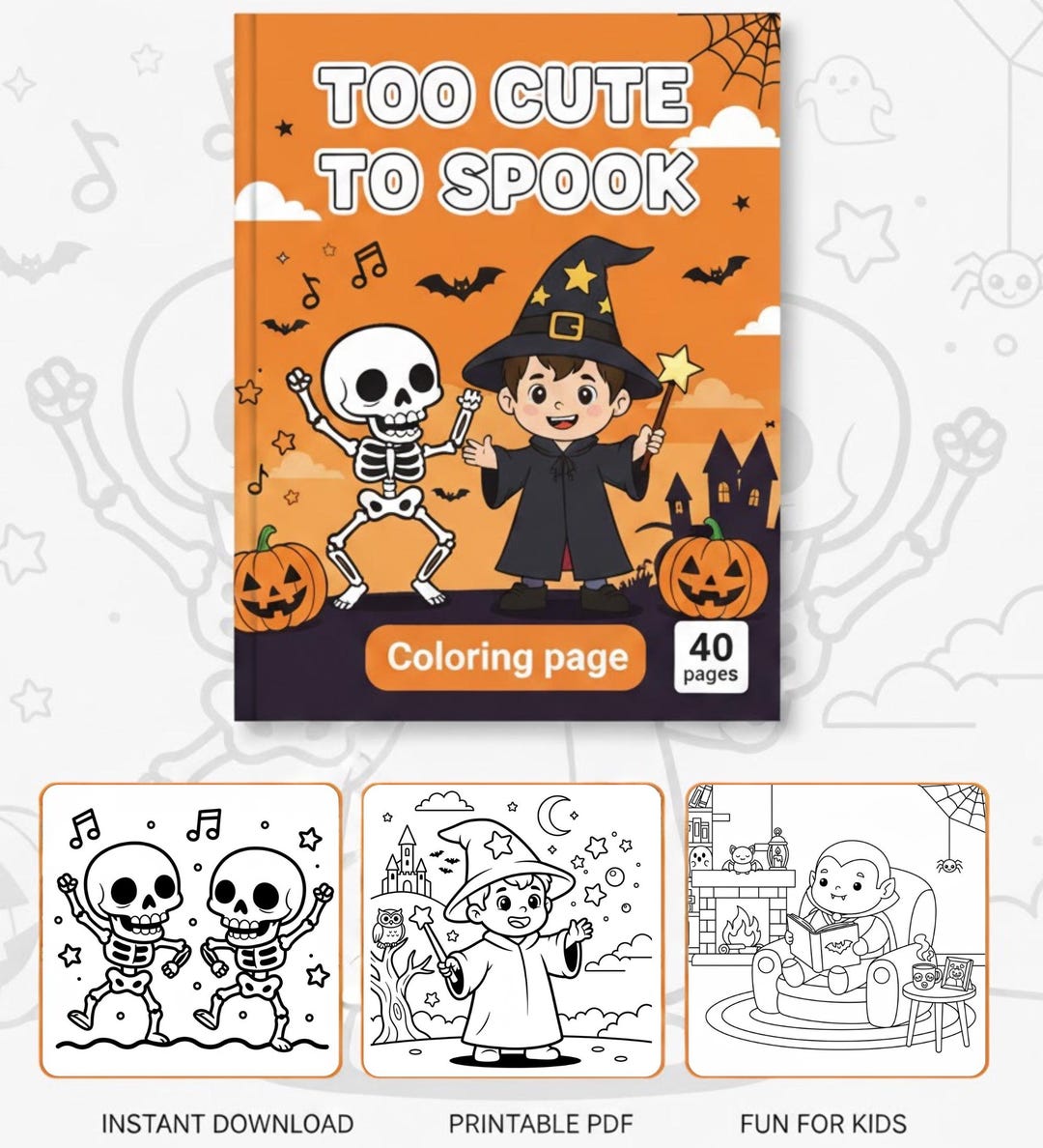 40 Cute Halloween Coloring Pages, Printable PDF Bundle With Animals ...