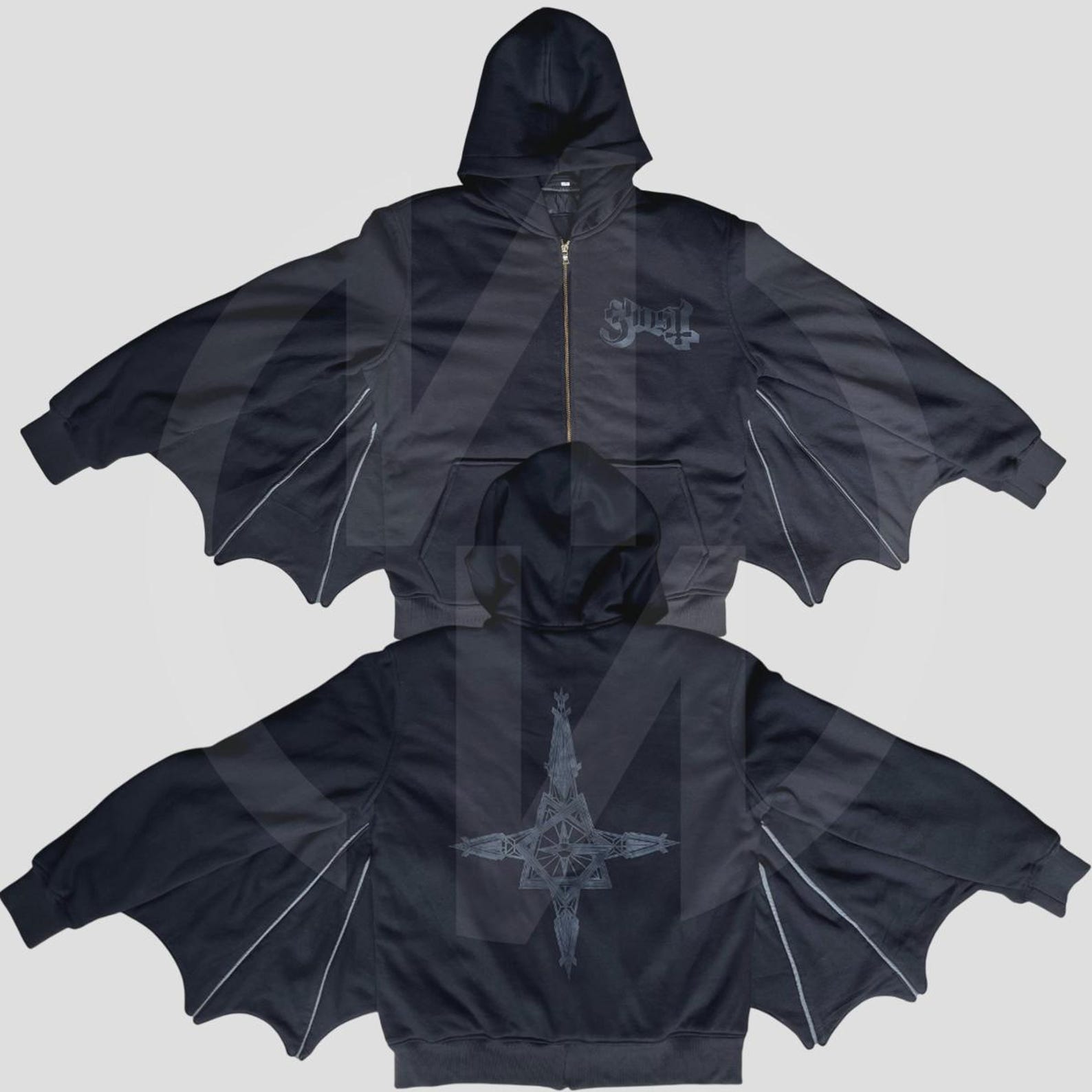 Ghost Batwing Hoodie | Black Zip-up Gothic Hoodie With Wing Sleeves ...