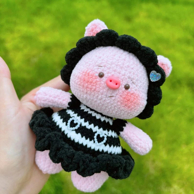 Goth Pig Crochet Doll, Kawaii Amigurumi Piglet, Handmade Plush Pig ...