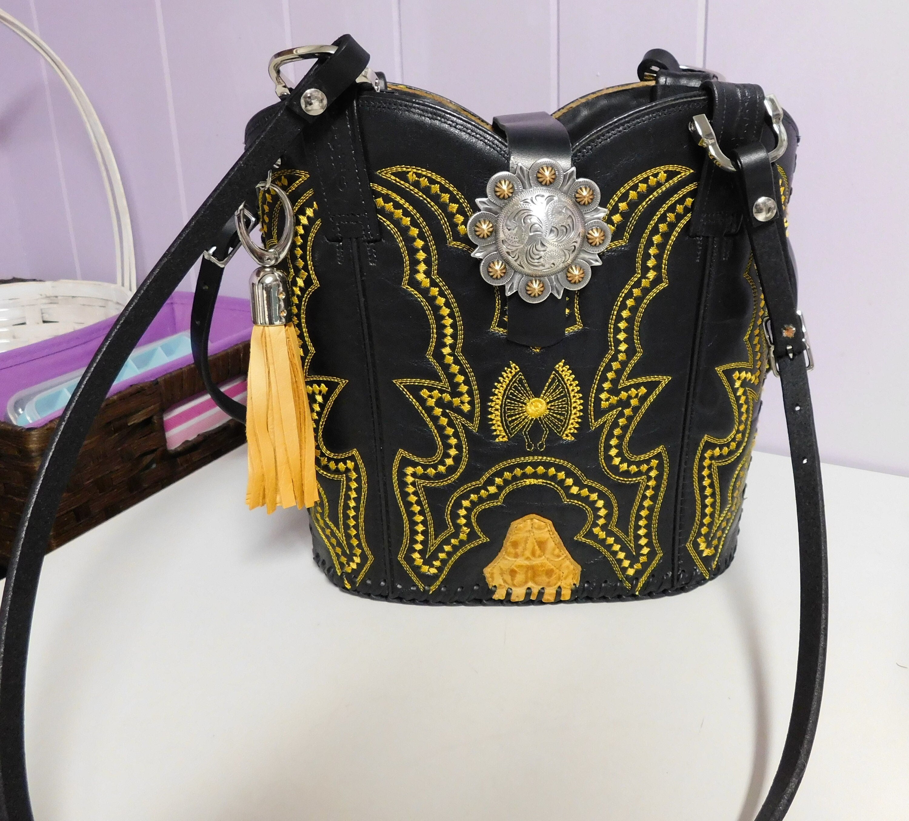 Black W/gold Embroidery Leather Cowboy Boot Purse/handbag - Etsy