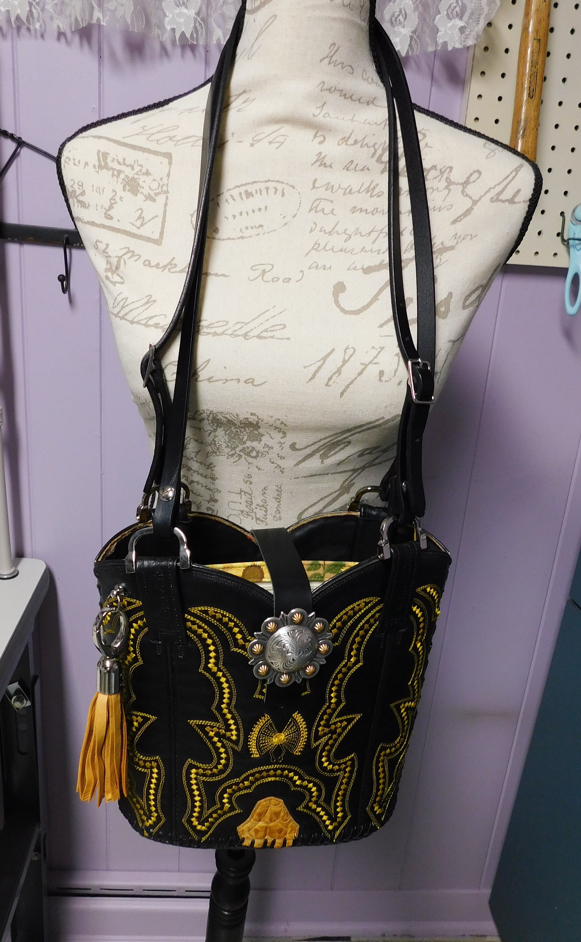 Black W/gold Embroidery Leather Cowboy Boot Purse/handbag - Etsy