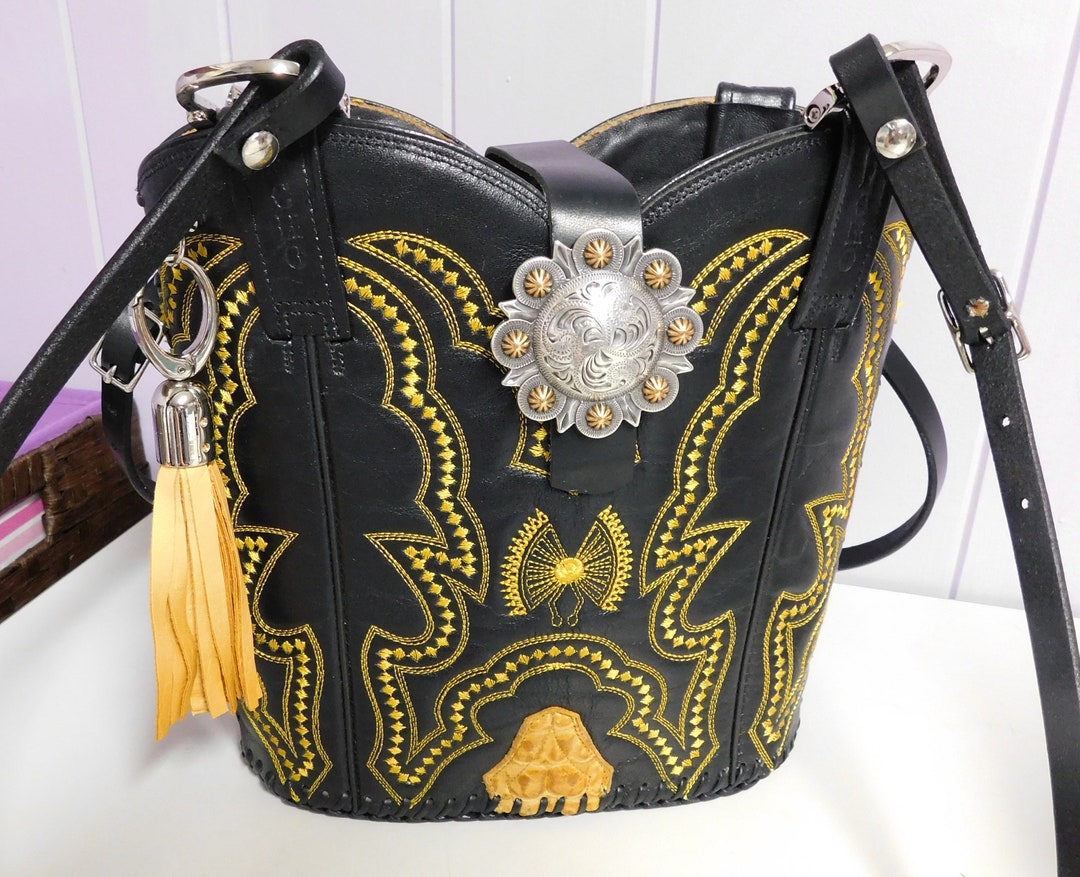 Black W/gold Embroidery Leather Cowboy Boot Purse/handbag - Etsy