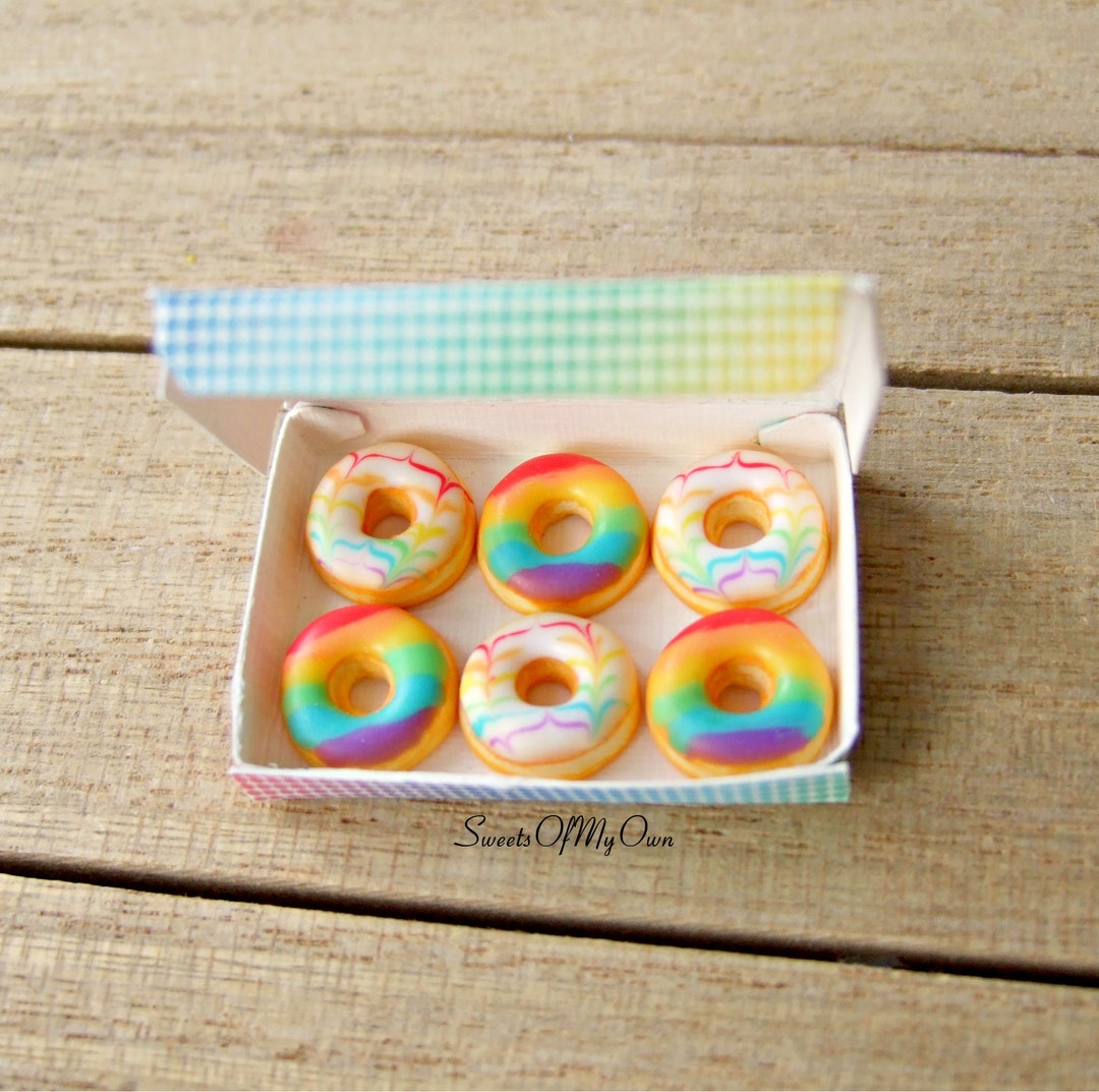 Miniature Box of Rainbow Doughnuts - Dolls House Miniature Food ...