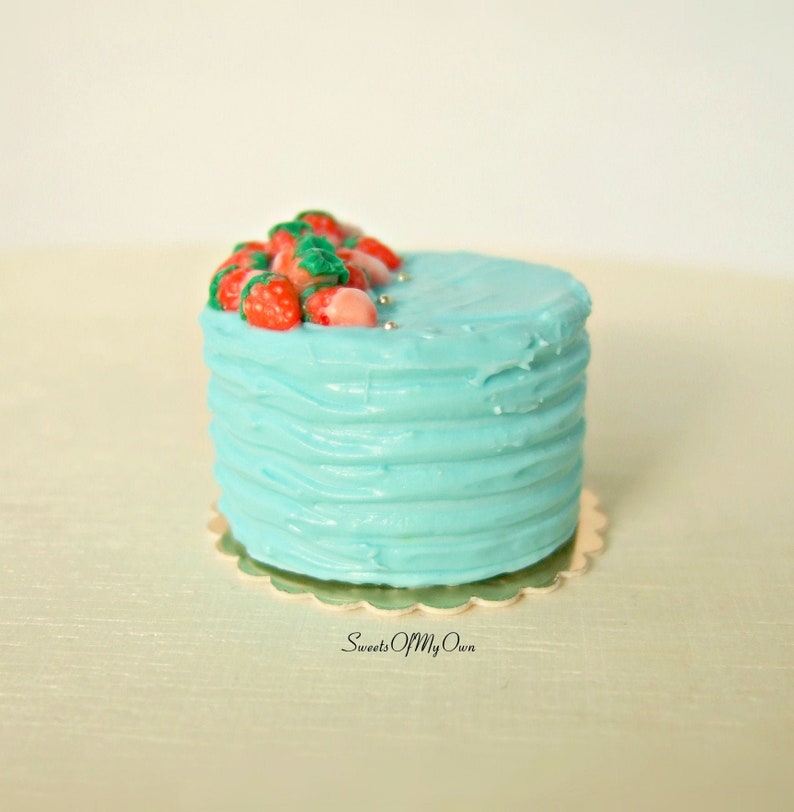 Turquoise Strawberry Cake Miniature - Dolls House Miniature Food ...