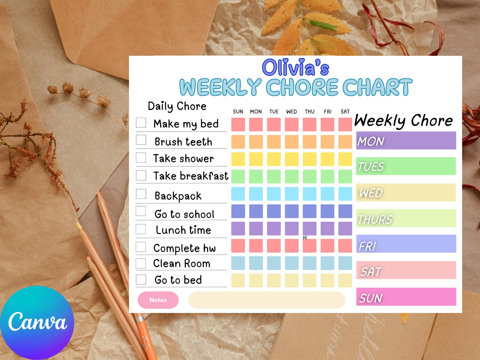 Editable Weekly Chore Chart for Kids| Kids Weekly Responsibility Chart ...