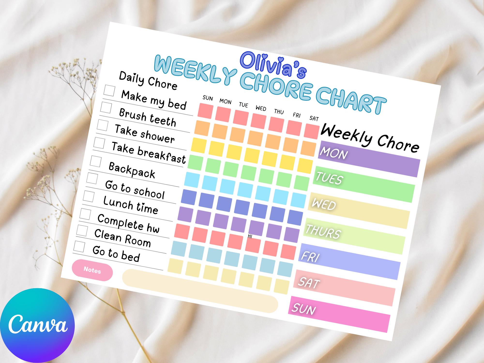 Editable Weekly Chore Chart for Kids| Kids Weekly Responsibility Chart ...