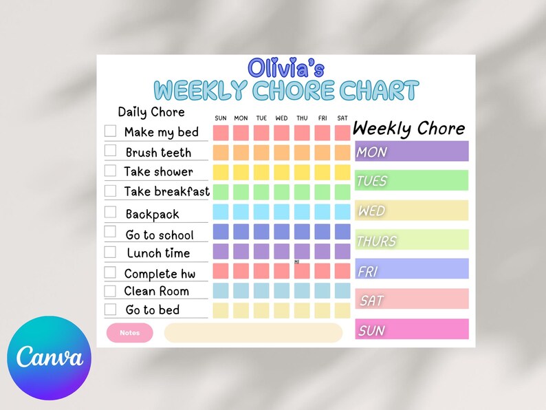 Editable Weekly Chore Chart for Kids| Kids Weekly Responsibility Chart ...