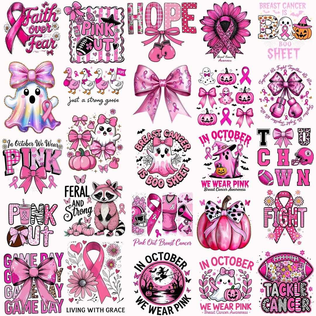 Preppy Breast Cancer Ghost PNG Bundle Retro Halloween Wear Pink ...