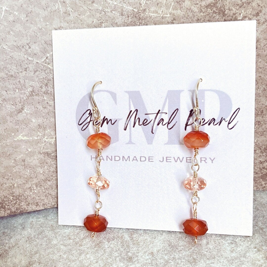 Carnelian and Rose Quartz Three Stone Drop Earrings Wirewrapped in Gold ...