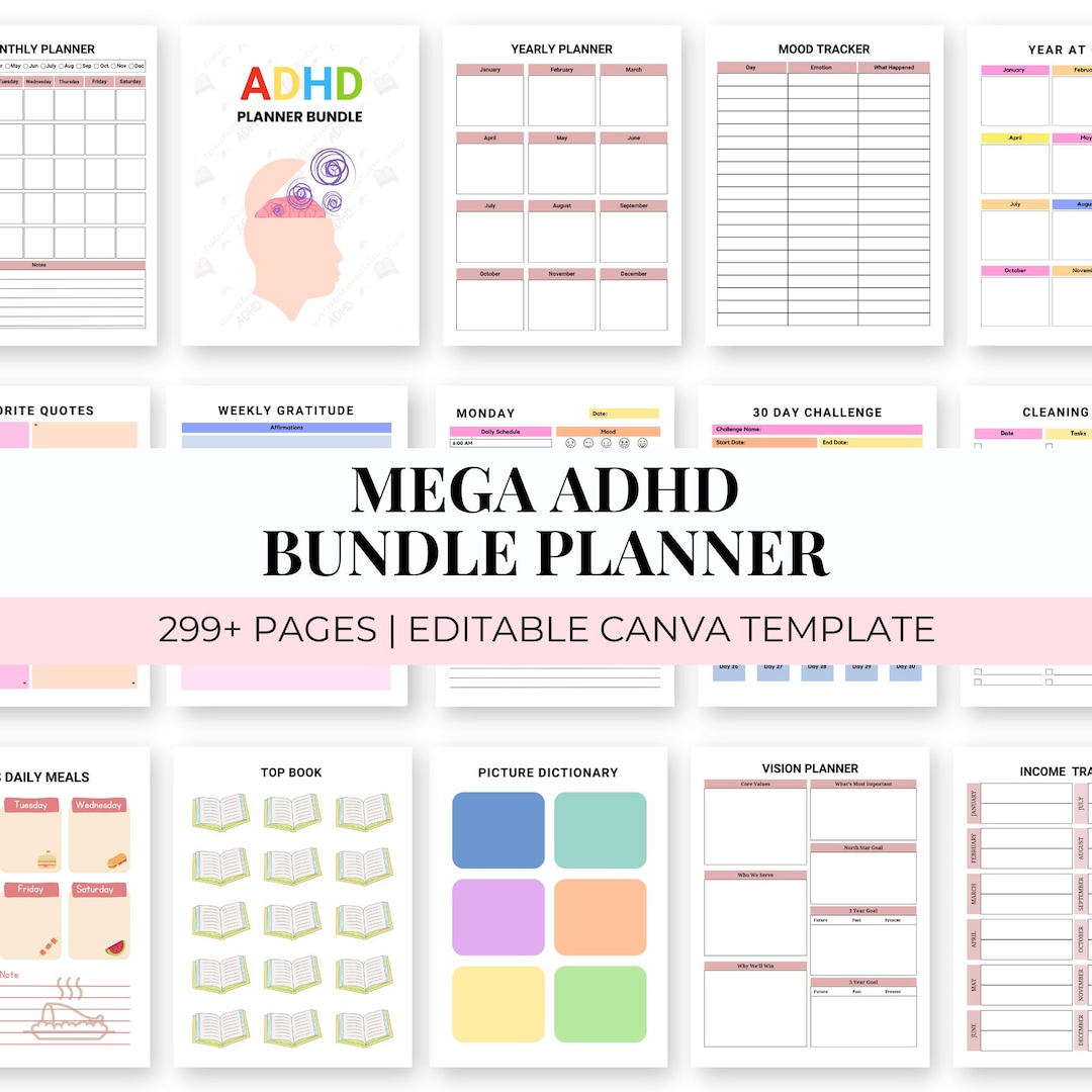 Editable ADHD Planner Bundle for Canva | Printable Life, School, Mental ...