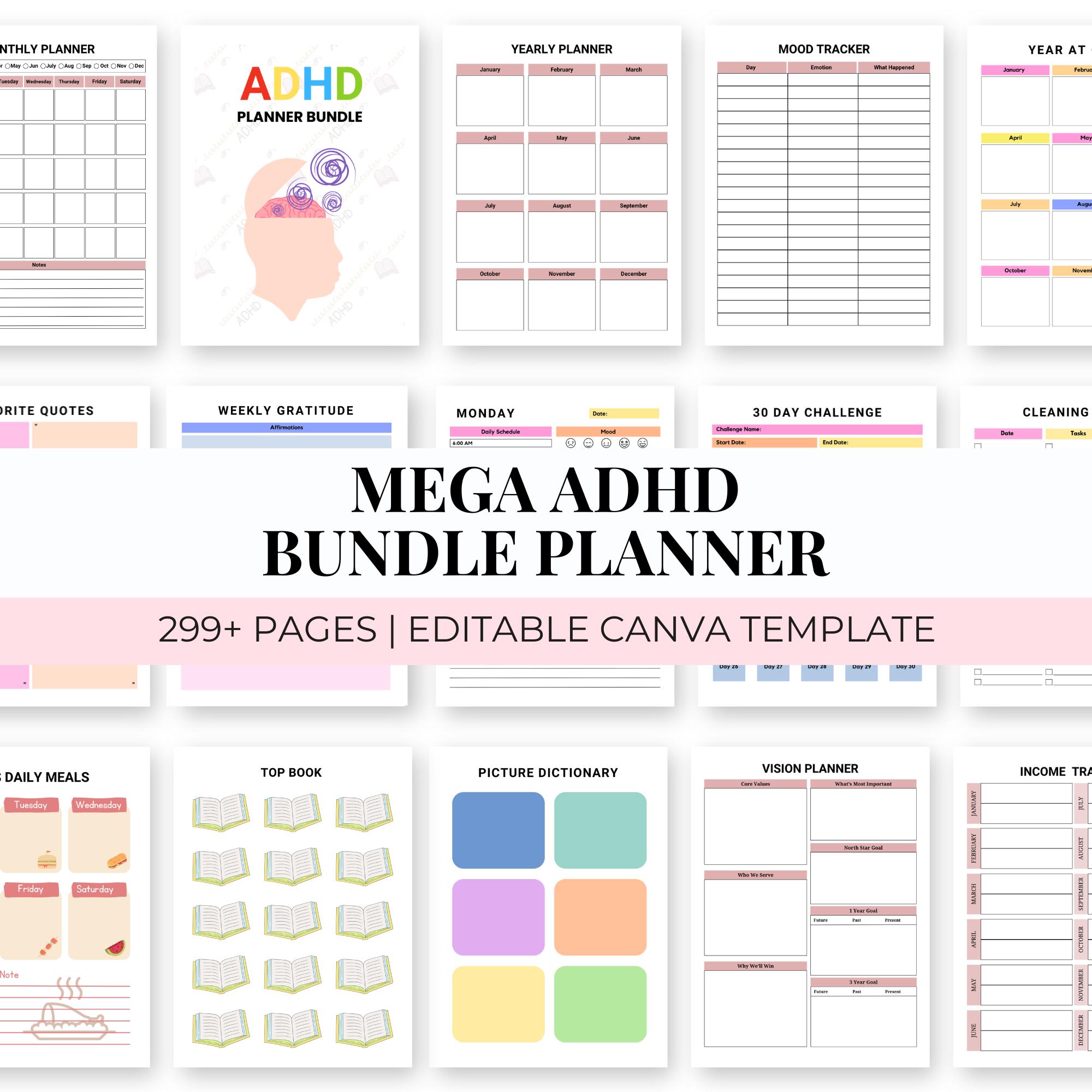 Editable ADHD Planner Bundle for Canva | Printable Life, School, Mental ...