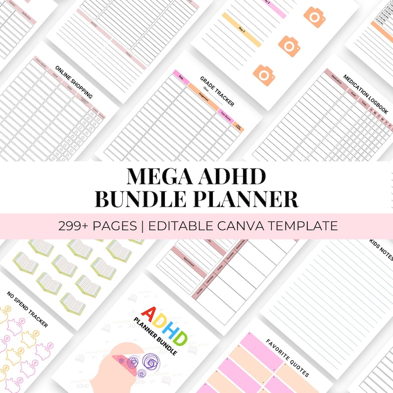 Editable ADHD Planner Bundle for Canva | Printable Life, School, Mental ...