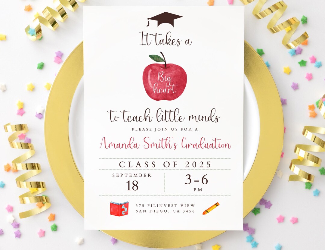 Teacher Graduation Invitation, Editable Big Heart Teach Little Minds ...