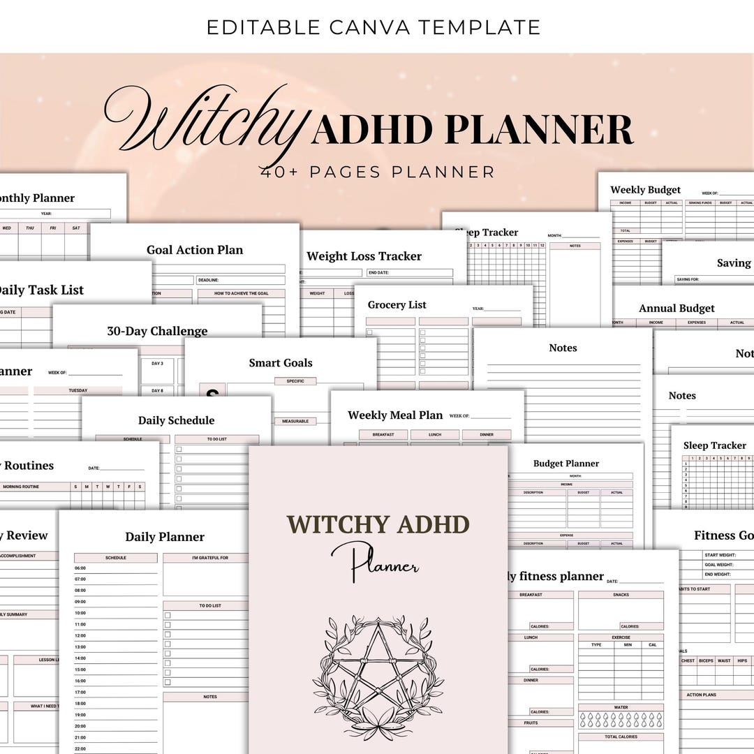 Witchy ADHD Planner | Editable Canva Template Printable Mental Health ...