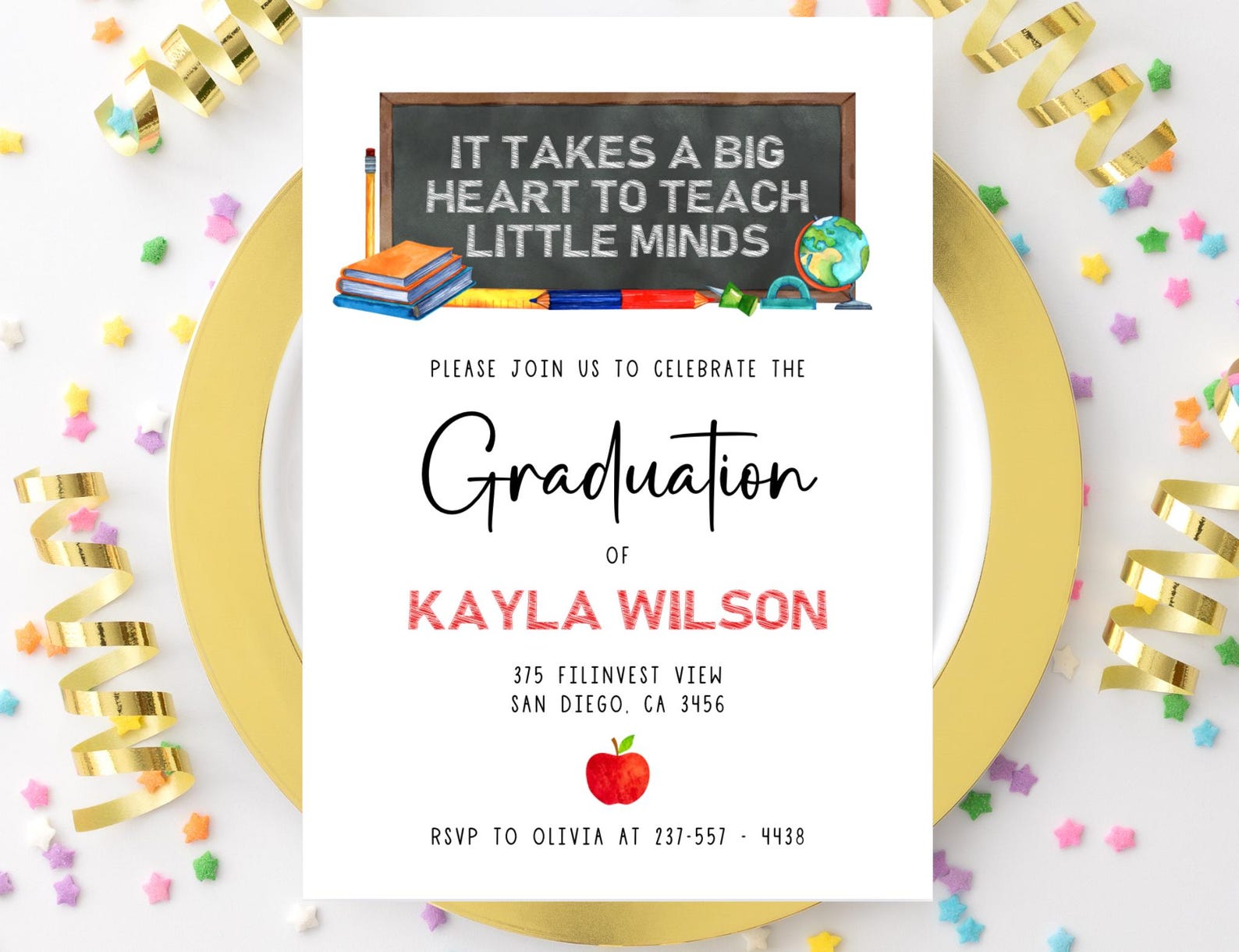 Teacher Graduation Invitation, Editable Big Heart Teach Little Minds ...