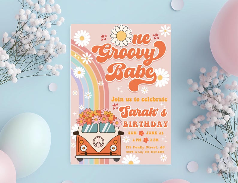 Editable Groovy One Birthday Invitation EDITABLE Daisy Rainbow Groovy ...