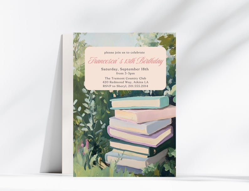 Girly Garden Book Birthday Invitation Template Link Literature Party ...