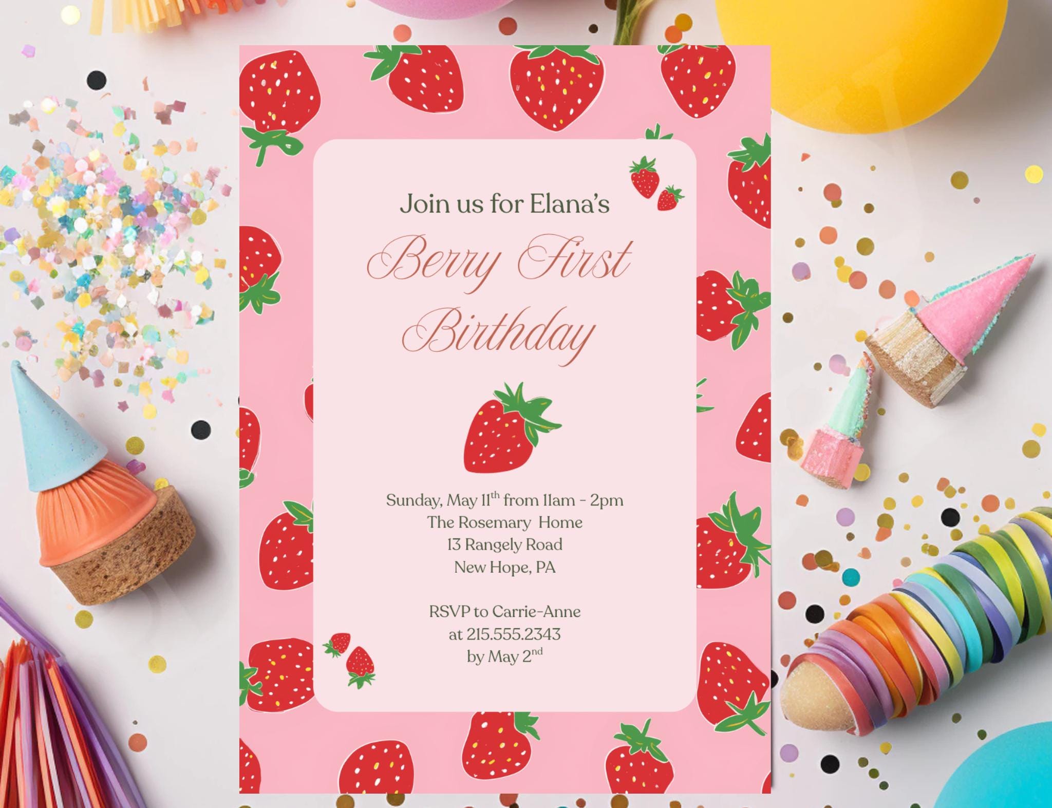 Berry First Birthday Invitation Canva Template, Berry First Birthday ...