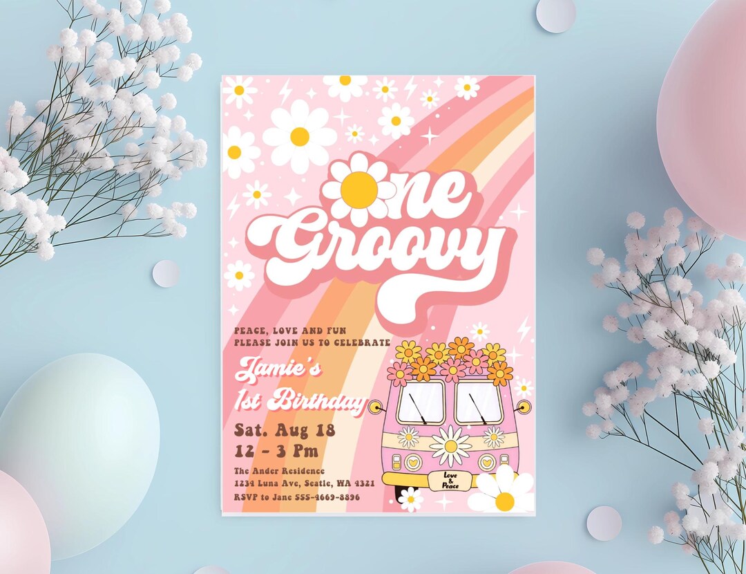 Editable Groovy One Birthday Invitation EDITABLE Daisy Rainbow Groovy ...