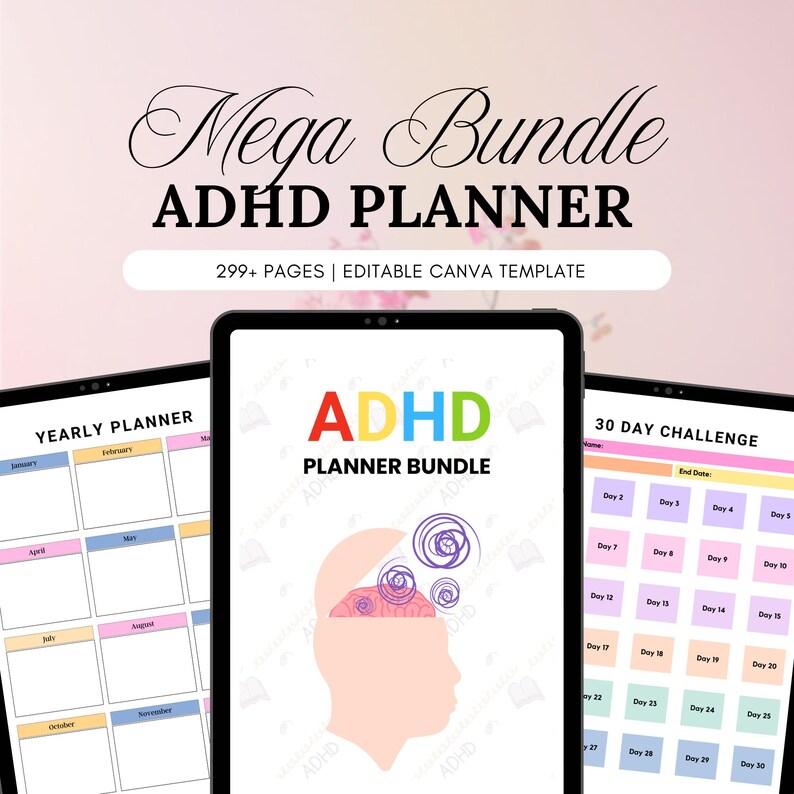 Editable ADHD Planner Bundle for Canva | Printable Life, School, Mental ...