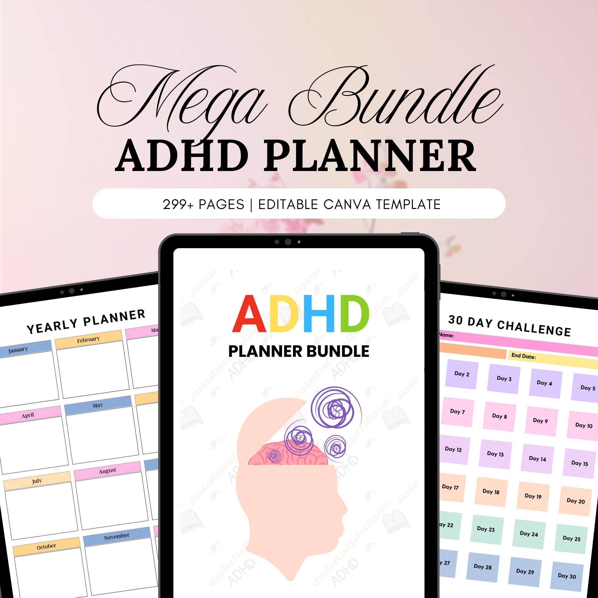 Editable ADHD Planner Bundle for Canva | Printable Life, School, Mental ...