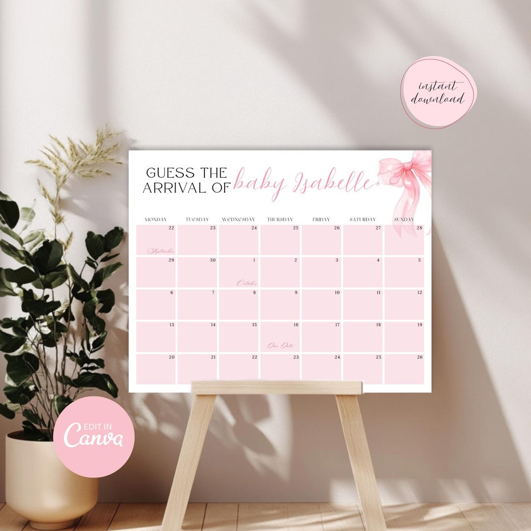 Pink Bow Baby Shower Due Date Sign | Baby Shower Sign | Printable Baby ...