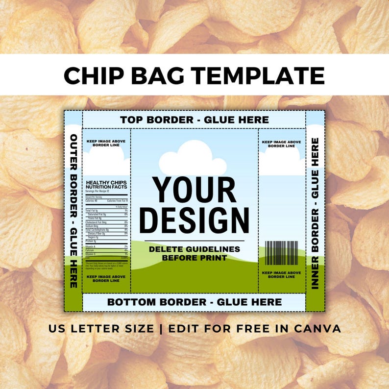 Blank Chip Bag, Printable and Editable Template on Canva, Custom Potato ...