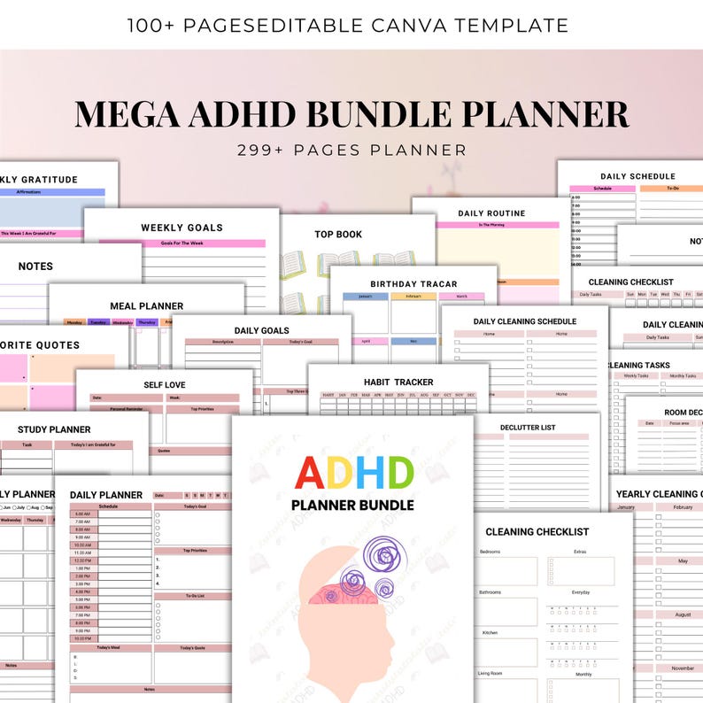 Editable ADHD Planner Bundle for Canva | Printable Life, School, Mental ...