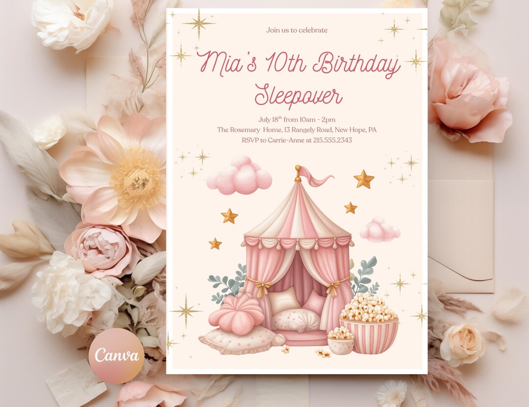 Sleepover Birthday Minimalist Invitation Set Slumber Party Invite Girl ...