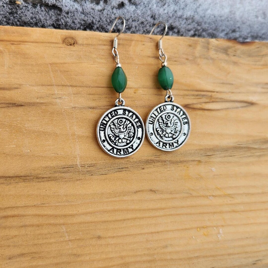 United States Army Earrings, Army Sterling Silver Earrings, Green Army ...