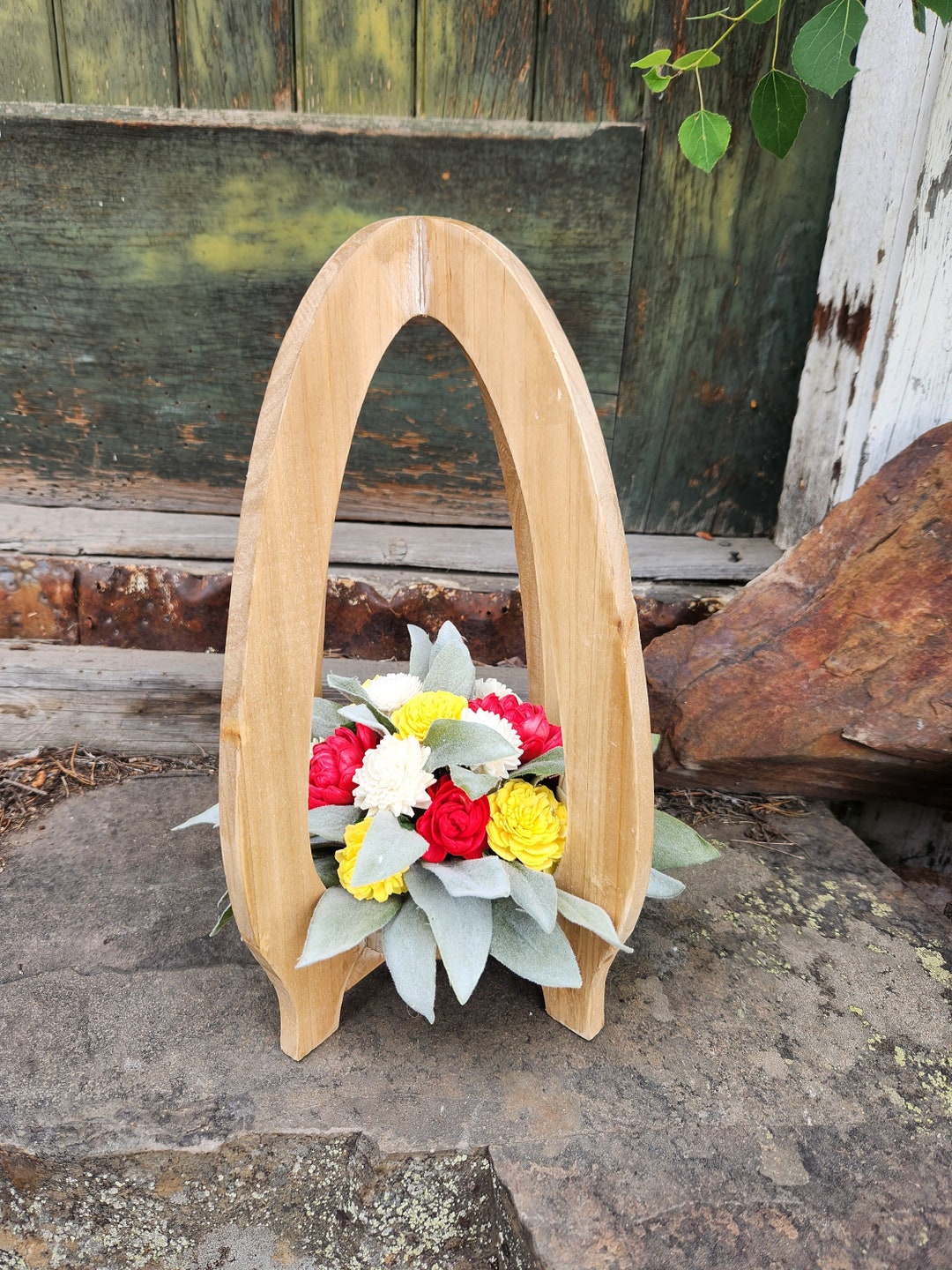 Pink and Yellow Wood Centerpiece, Hot Pink Rose Wood Rustic Flower ...
