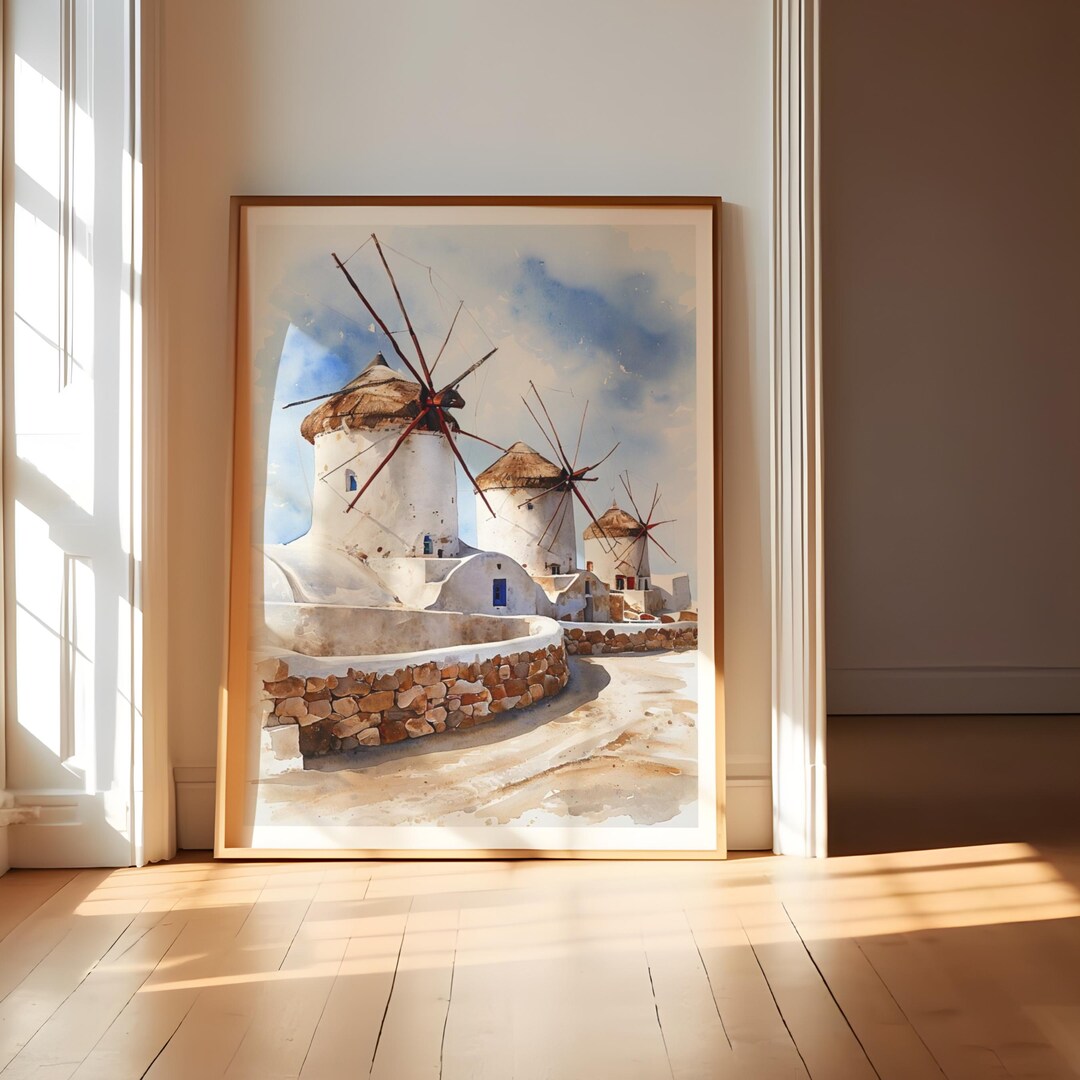 Greek Windmill Wall Art Digital Download, Mykonos Coastal Printable Art ...