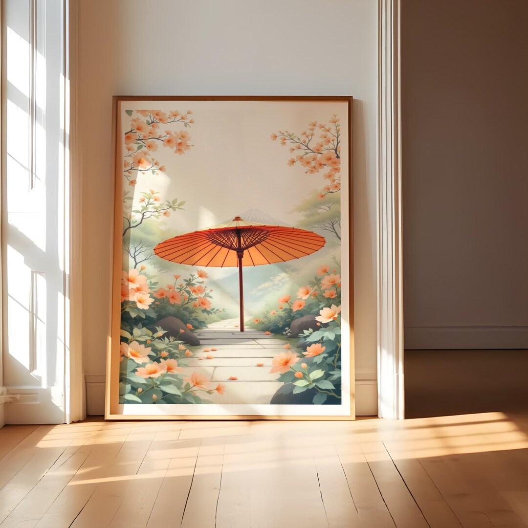 Japanese Umbrella Wagasa Wall Art Print, Asian Nature Poster, Orange ...