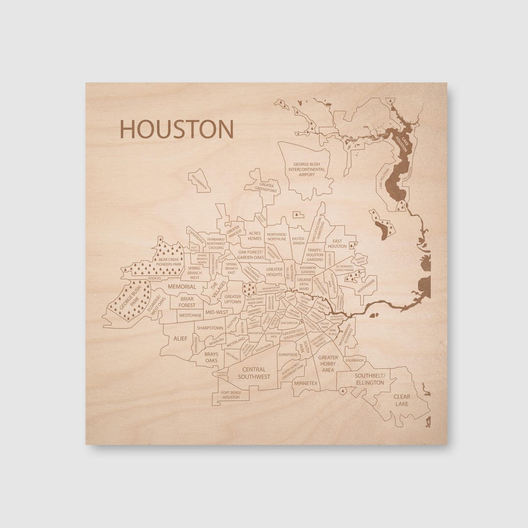 Houston Engraved Wood Neighborhood Map, Personalized City Art - Etsy