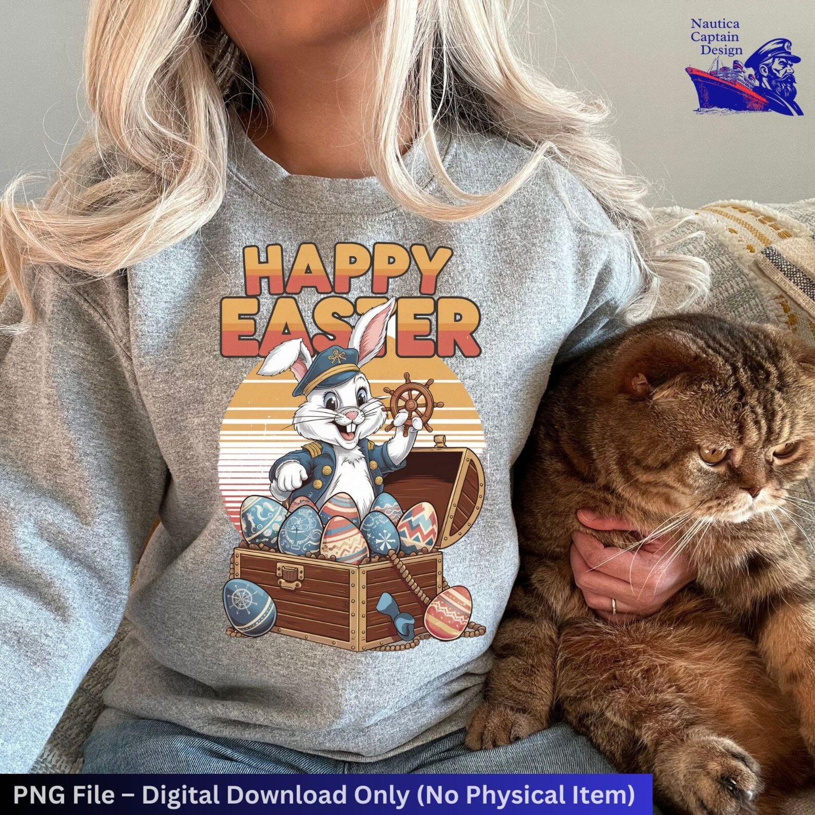 Happy Easter Captain Bunny PNG | Retro Sunset Nautical Bunny PNG ...