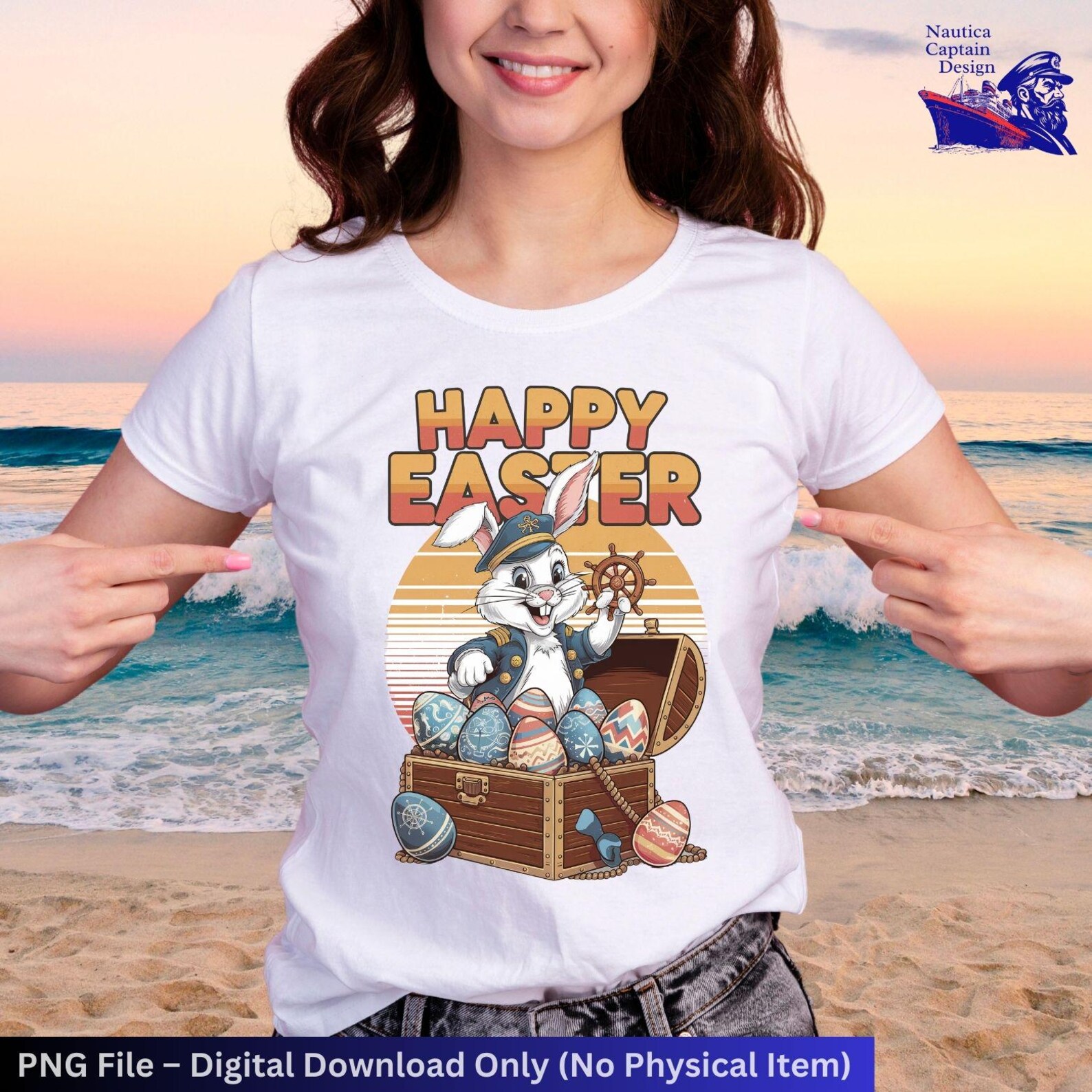 Happy Easter Captain Bunny PNG | Retro Sunset Nautical Bunny PNG ...
