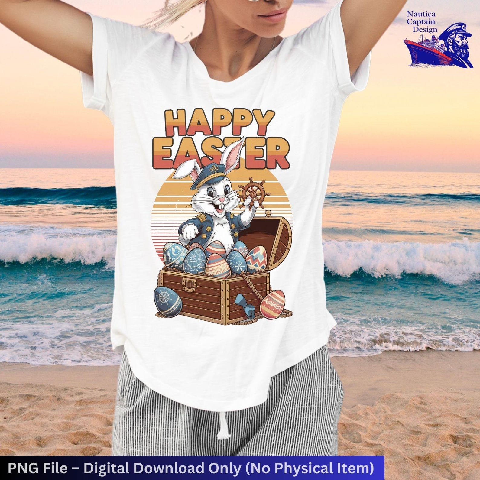 Happy Easter Captain Bunny PNG | Retro Sunset Nautical Bunny PNG ...