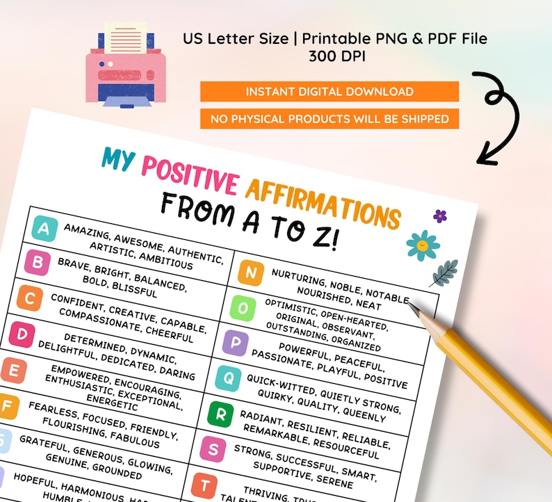 A to Z Positive Affirmations Worksheet, Affirming Words, Daily ...