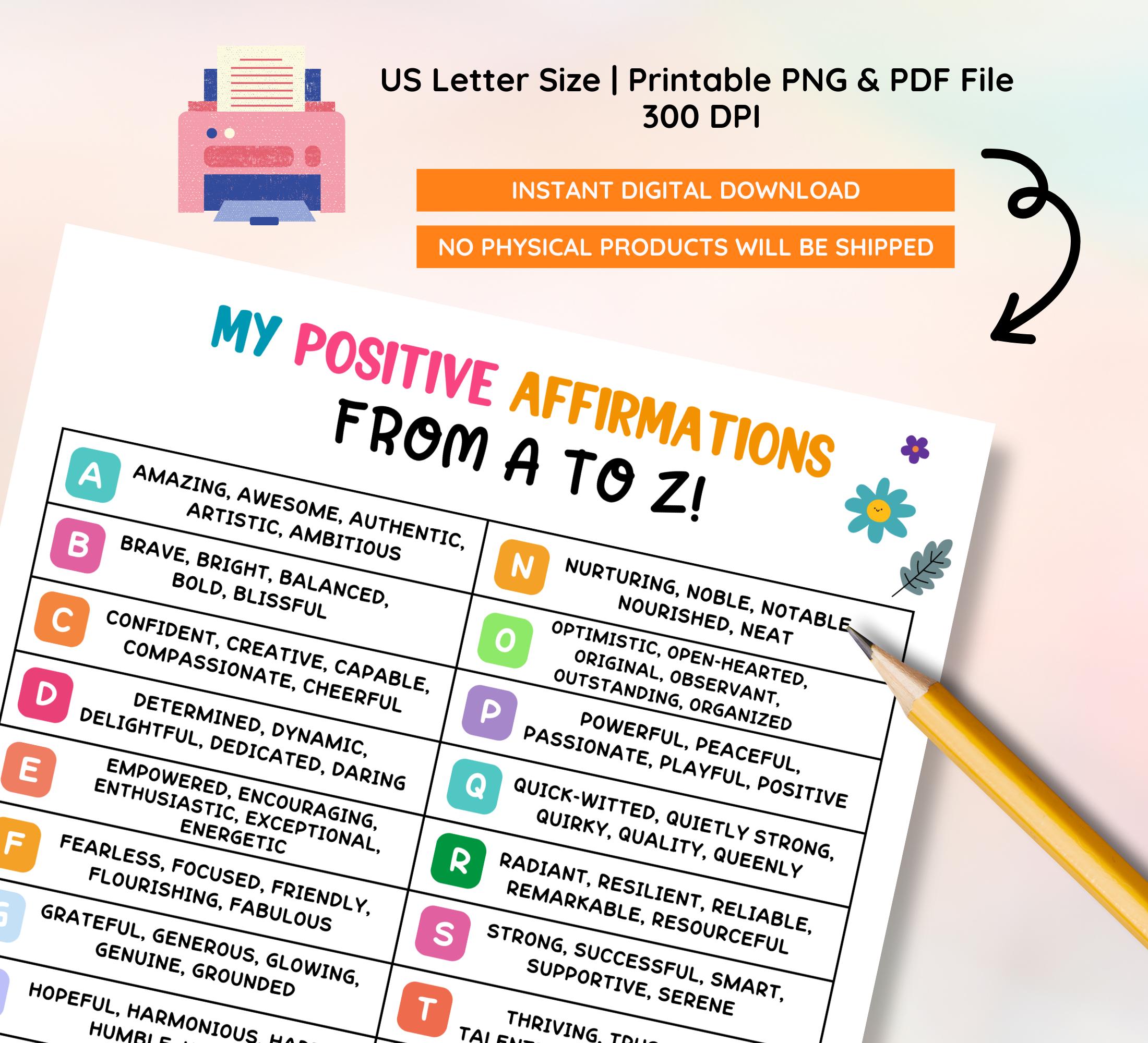 A to Z Positive Affirmations Worksheet, Affirming Words, Daily ...